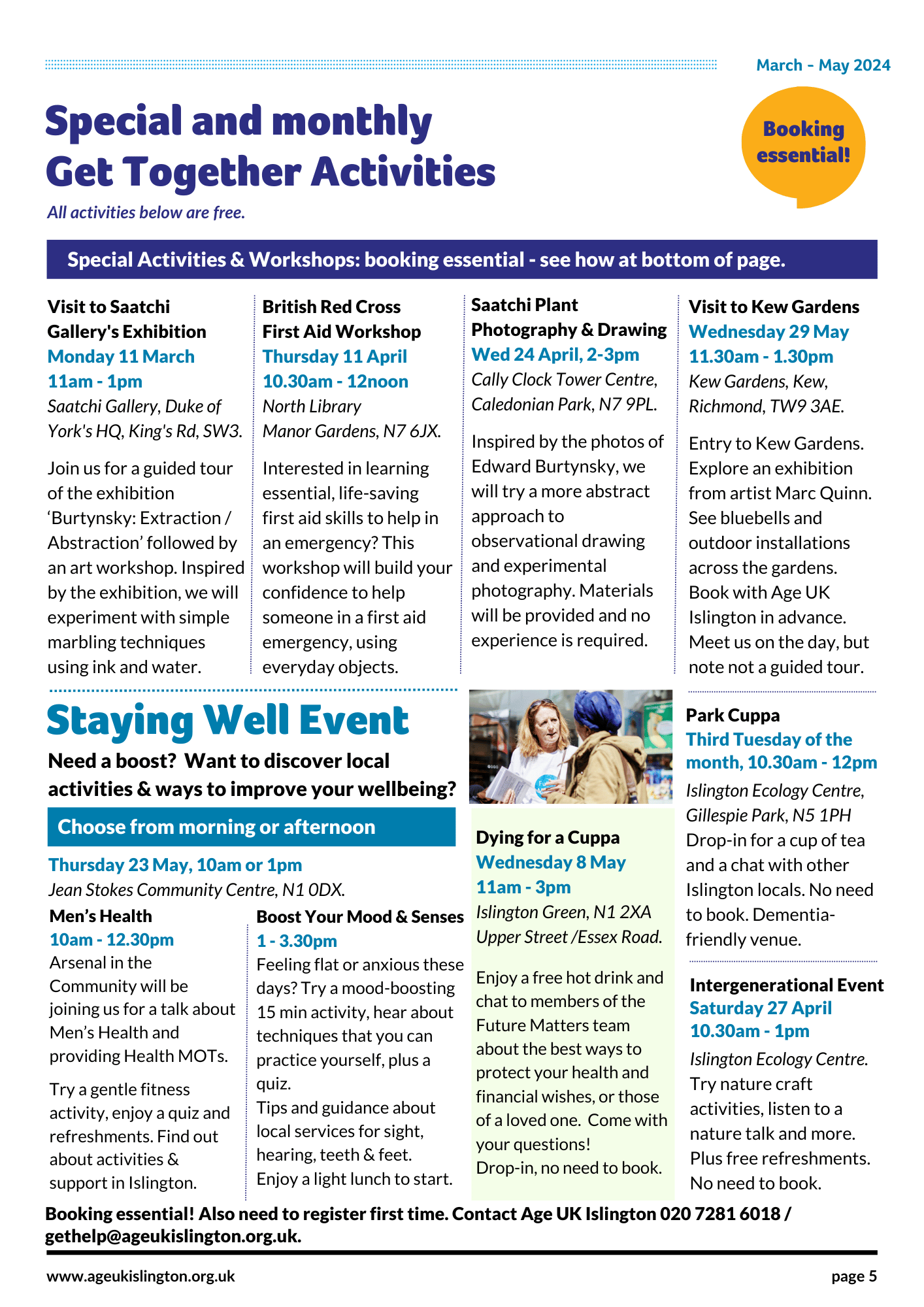 Age UK Islington Get Togethers Calendar