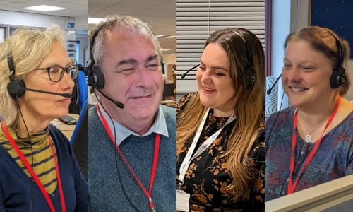 A collage of four members of the Age UK Advice Line team smile with ...